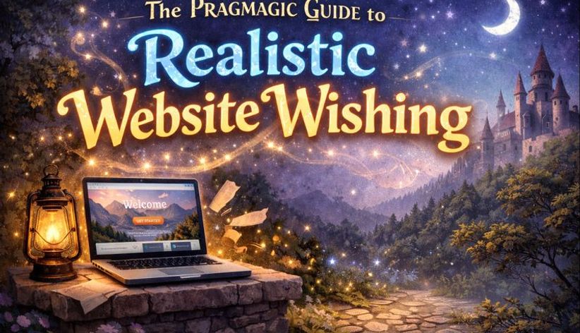 A glowing laptop sits on a stone table in a moonlit forest, illuminated by a lantern and surrounded by subtle magical sparks. In the distance, a winding path leads toward a castle beneath a starry sky, blending imagination with practical website creation.